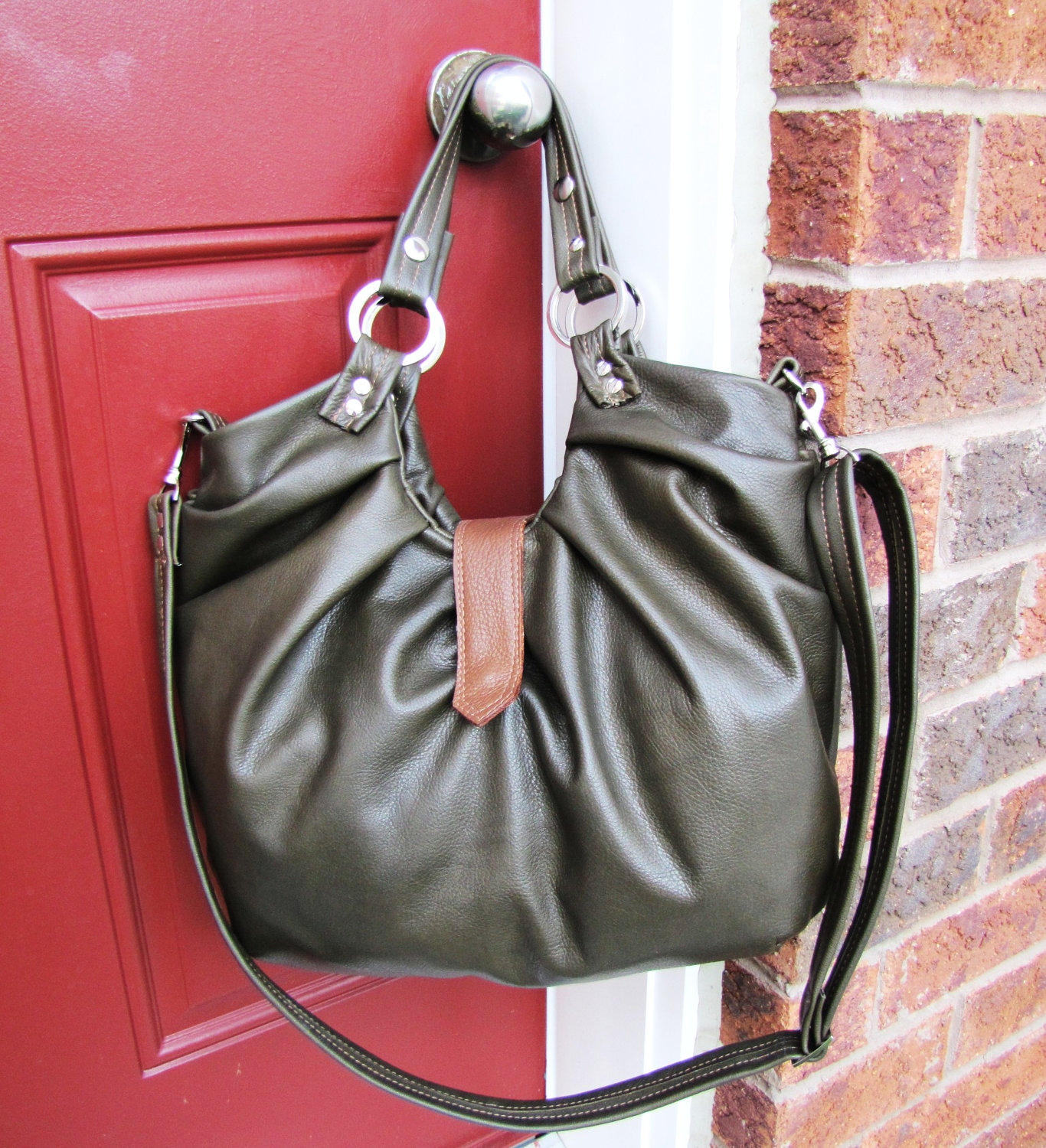 Large Olive Green Leather Bag, Convertible Backpack Purse - Olive Green ...